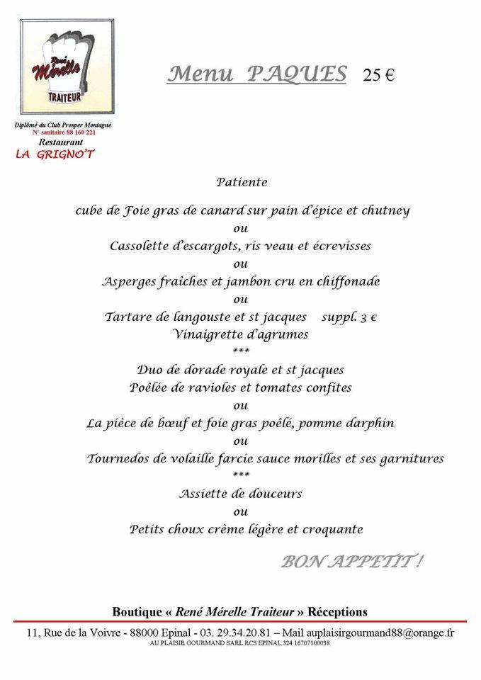 Menu at Mérelle Traiteur, Épinal