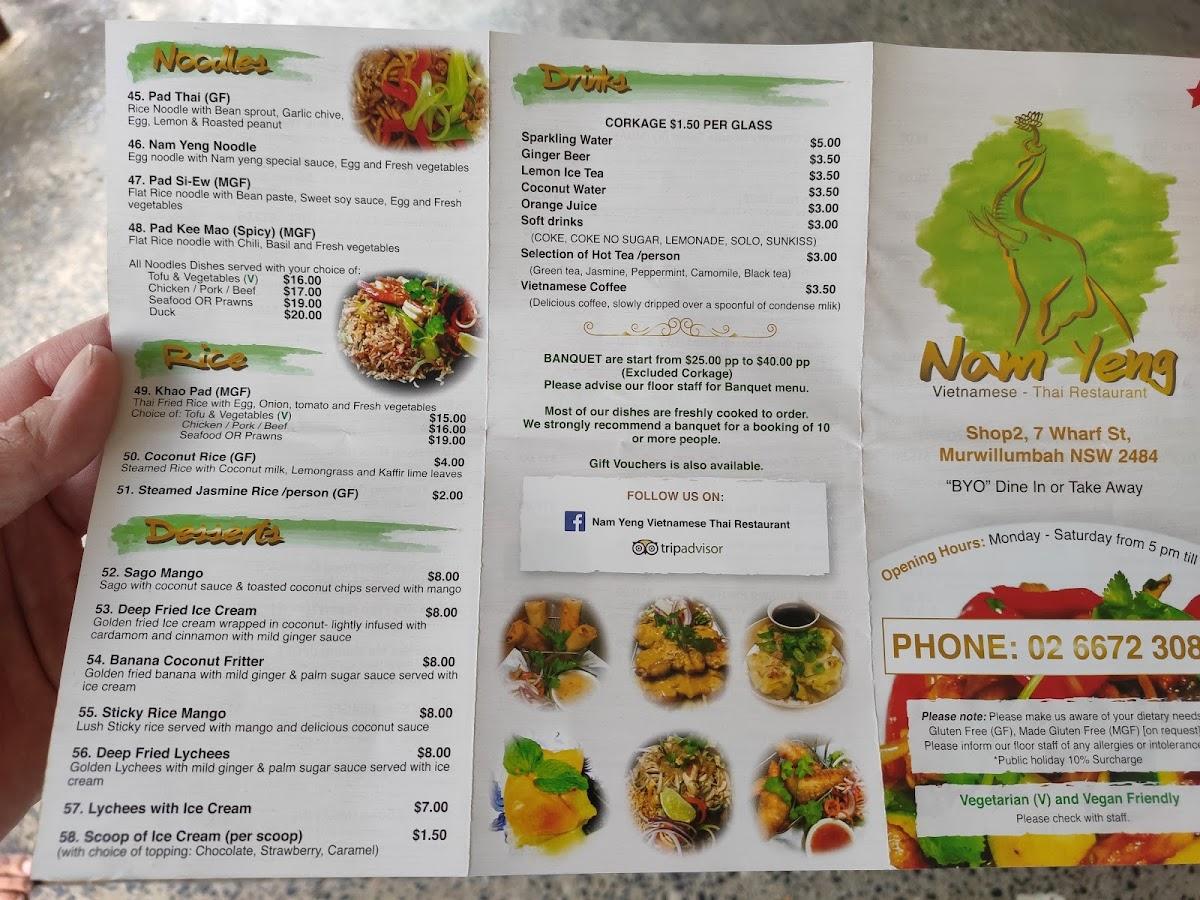 Menu at Nam Yeng Vietnamese Thai Food restaurant, Murwillumbah