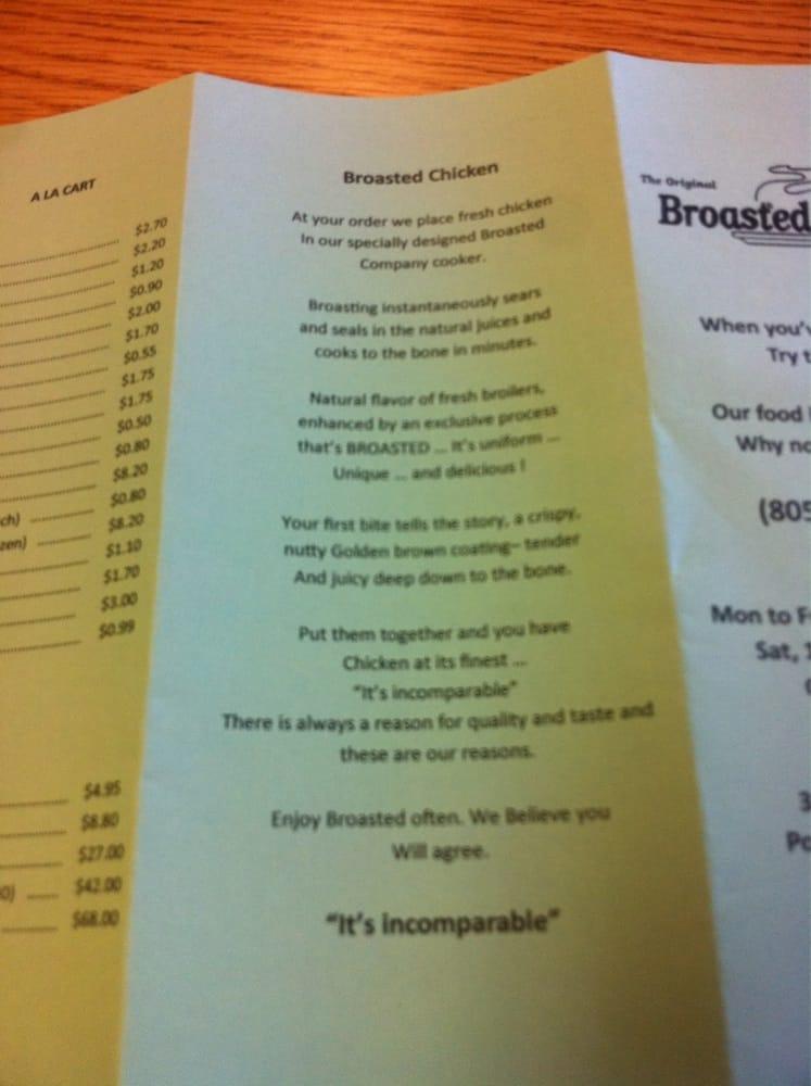 Menu at Broasted Chicken restaurant, Port Hueneme