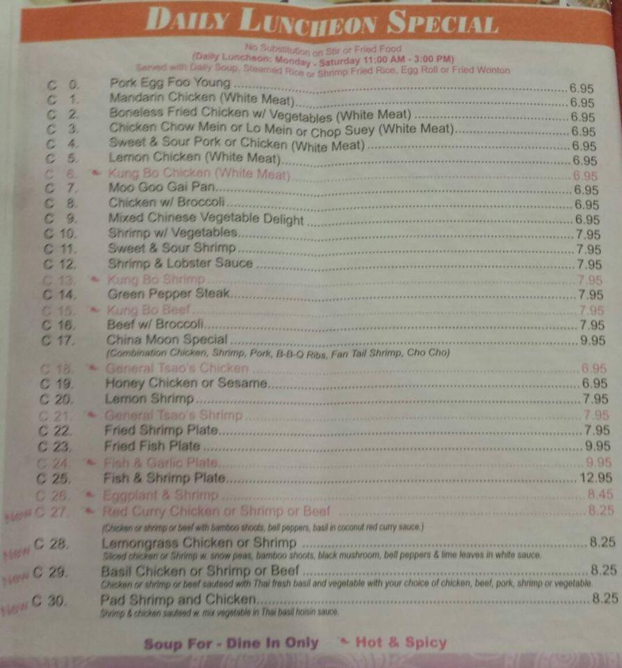 Menu at China Moon restaurant, Chalmette