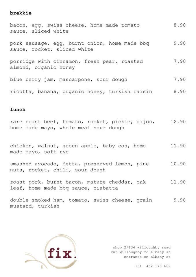 Menu at Fix cafe, Crows Nest