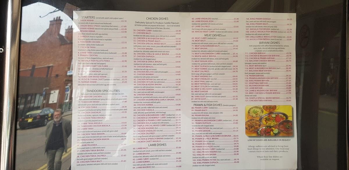 Menu at Shapla Indian Take Away fast food, Tamworth