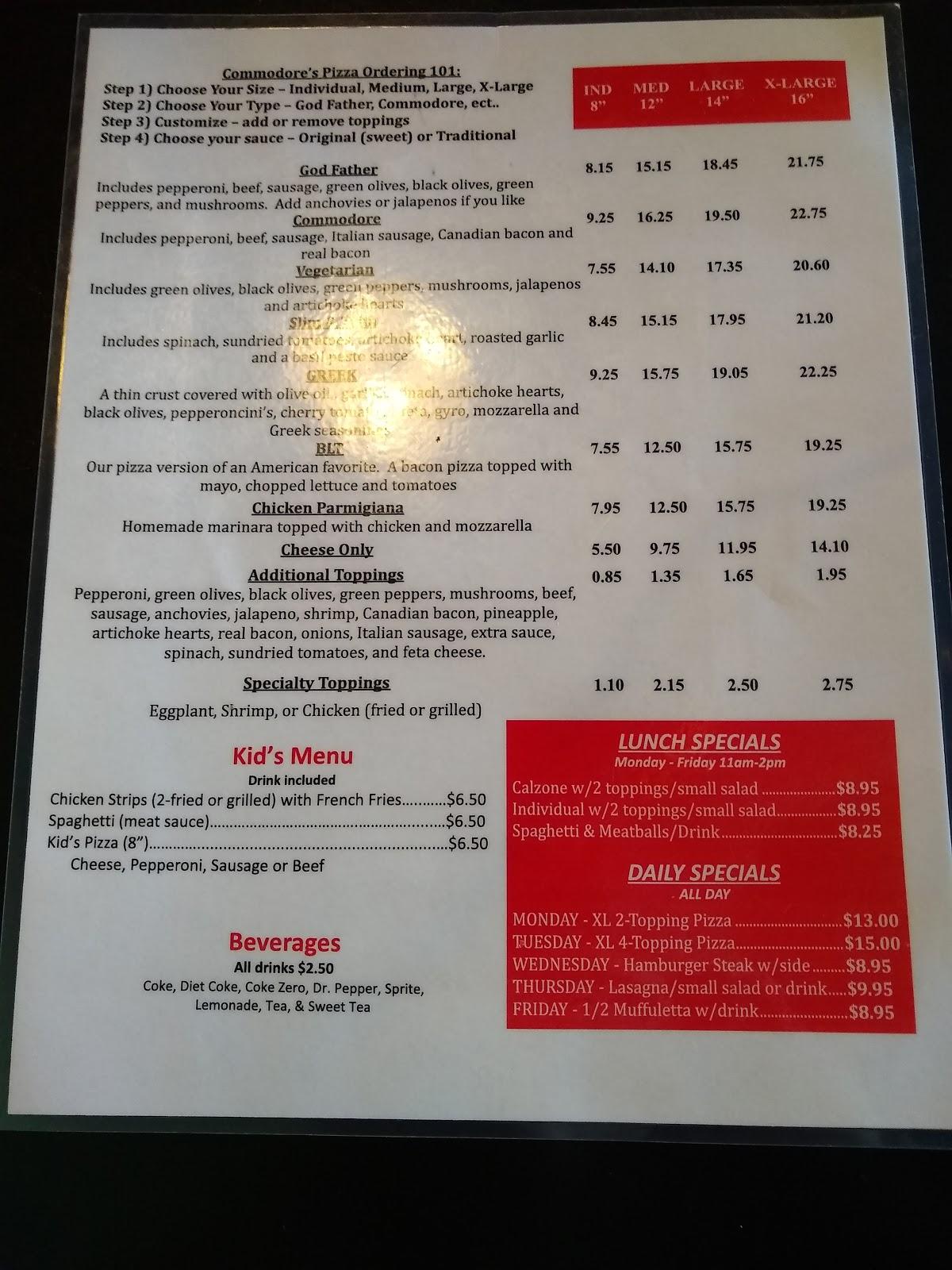 Carta de pizzería Commodore's Pizza, Hammond