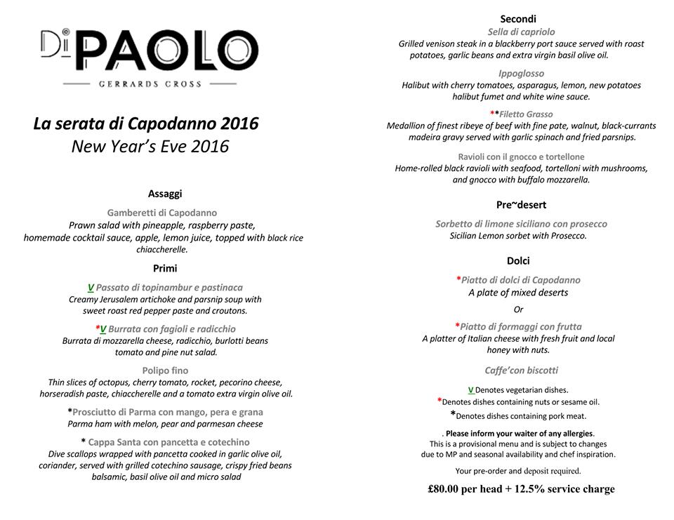 Menu at Di Paolo restaurant, Gerrards Cross