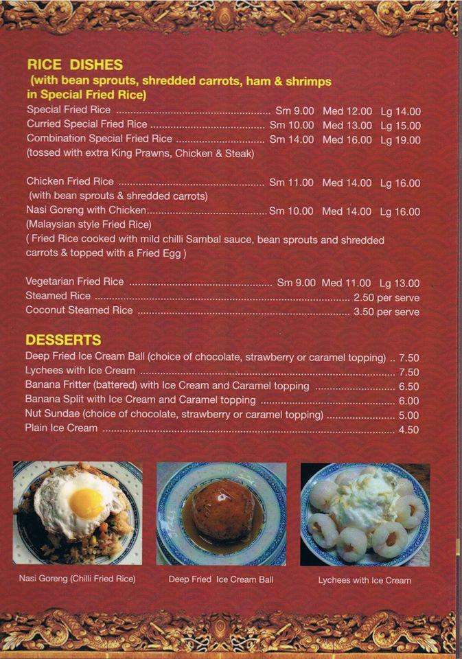 Menu at Dragon Village restaurant, Naracoorte
