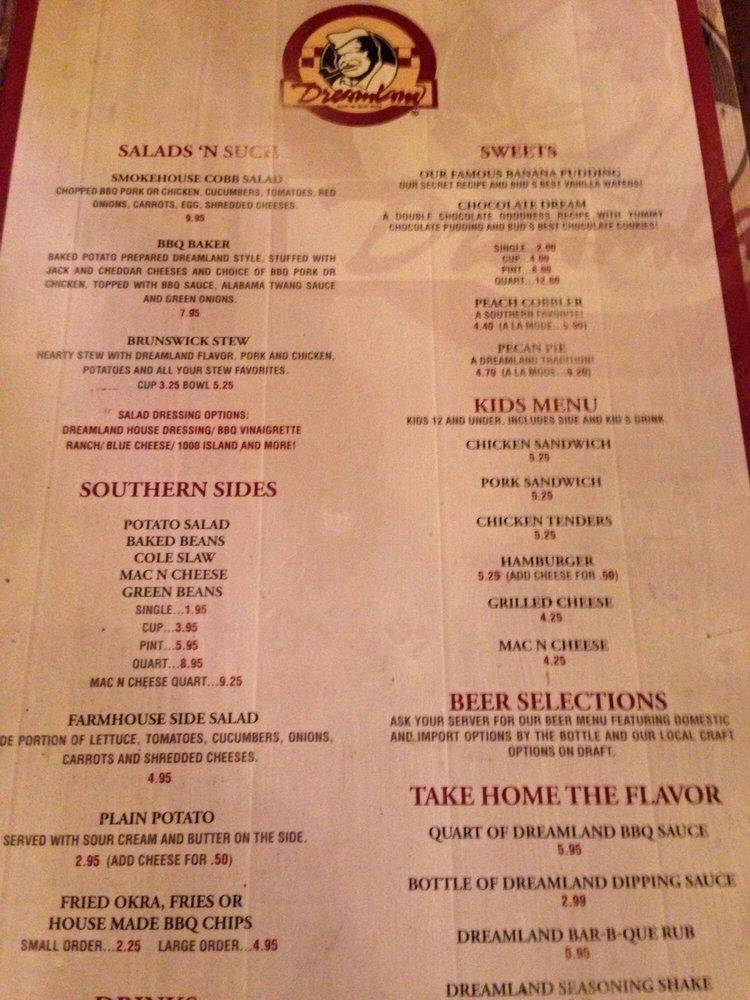 Menu at Dreamland BBQ, Duluth