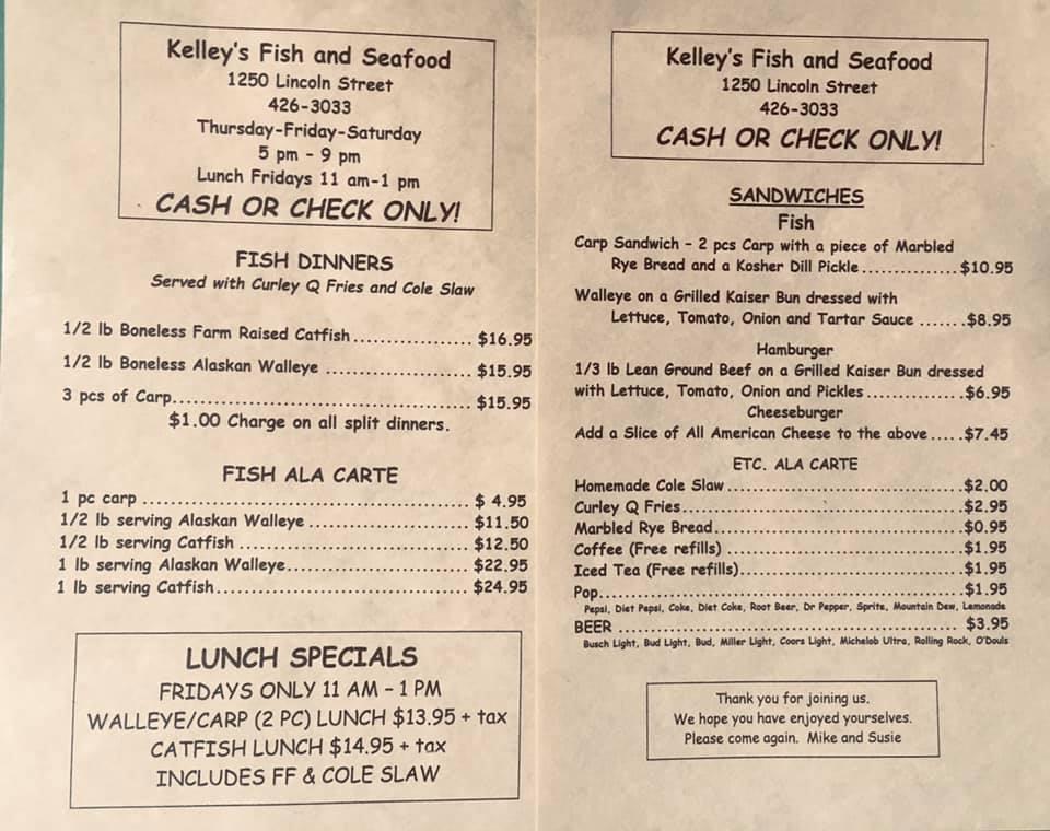 Menu at Kelley's Fish & Seafood restaurant, Blair