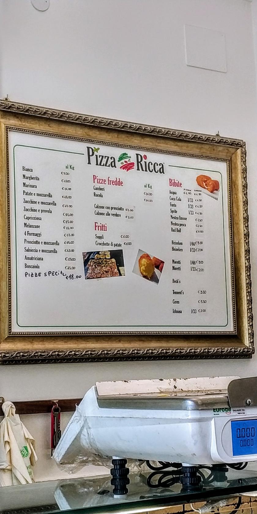 Menu at Pizza Ricca Roma restaurant, Rome, Via delle Fornaci