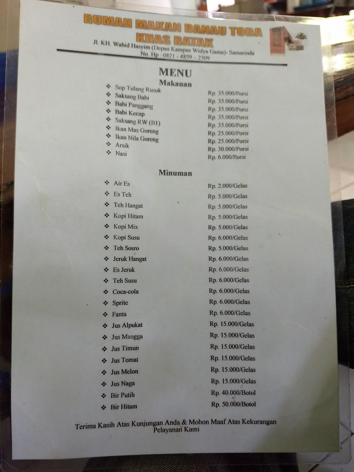 Menu at RM. Danau Toba restaurant, Samarinda, G5Q2+Q3G