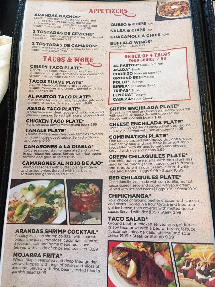 Menu at Arandas Tacos restaurant, Branson