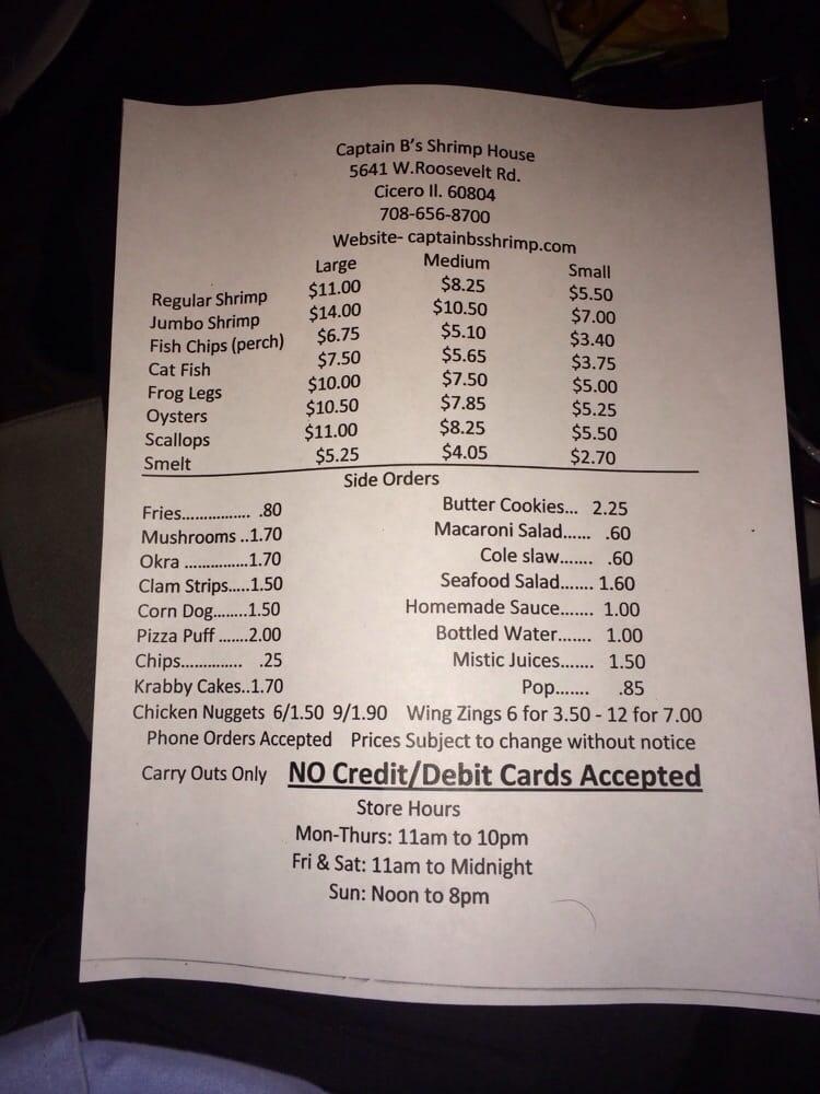 Menu at Captain B's Shrimp House restaurant, Cicero, W Roosevelt Rd