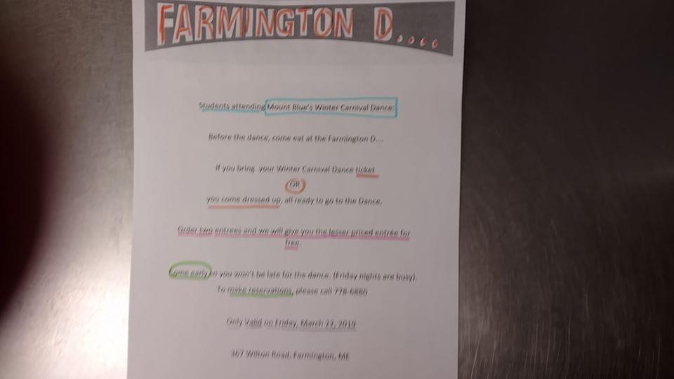Menu at Farmington Diner restaurant, Farmington