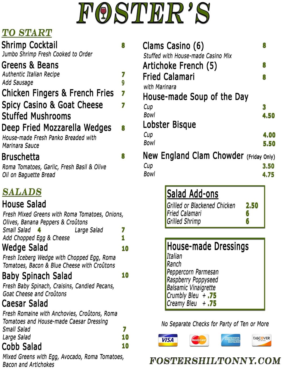 Menu at Foster's Restaurant, Hilton
