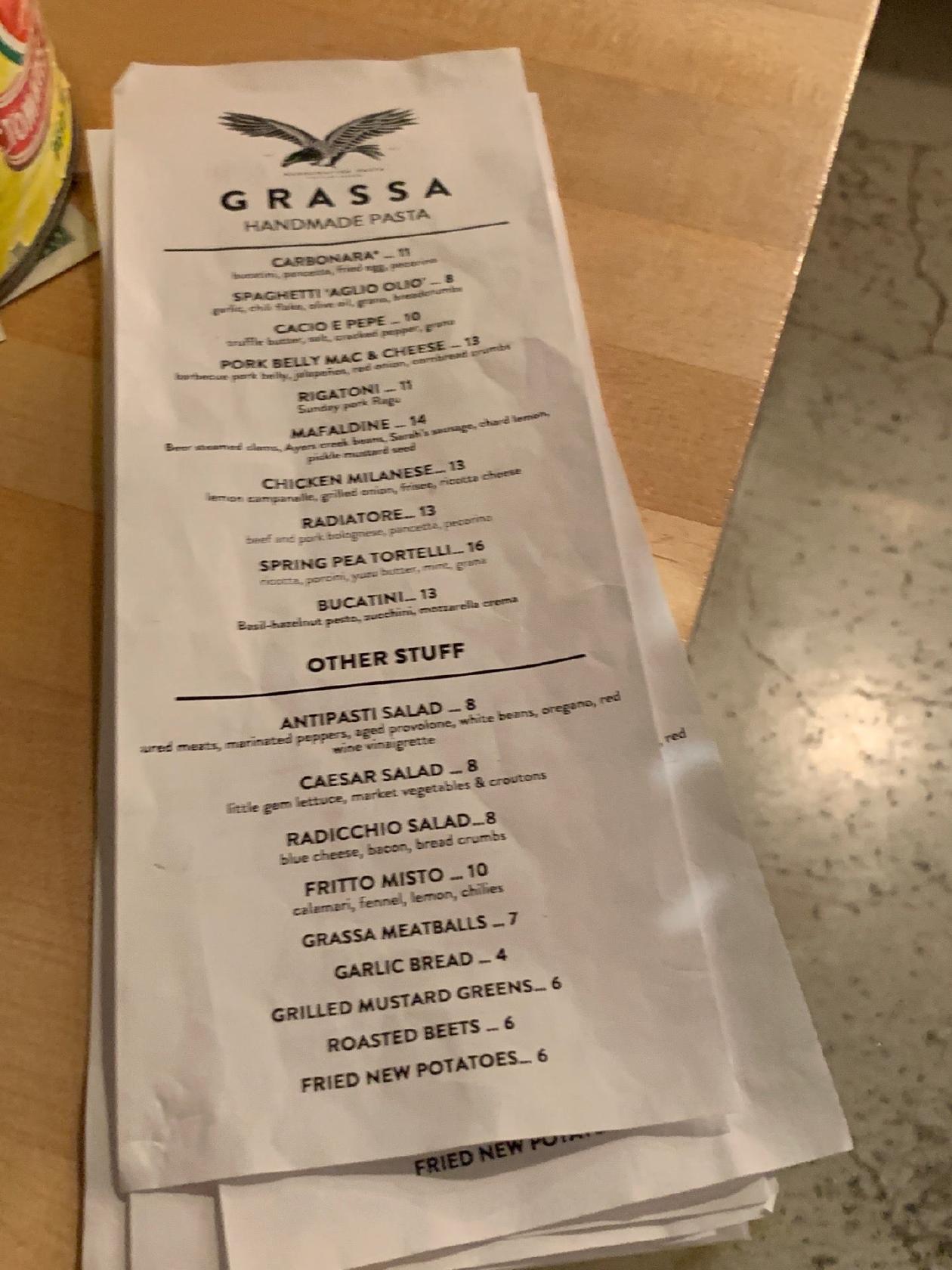 Menu at Grassa restaurant, Portland, SW Washington St
