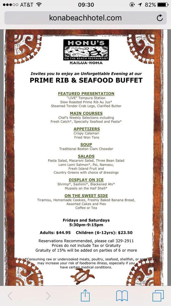 Menu at Honu's on the Beach restaurant, Kailua-Kona