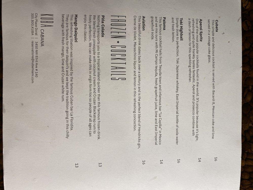 Menu at Kuba Cabana restaurant, Doral