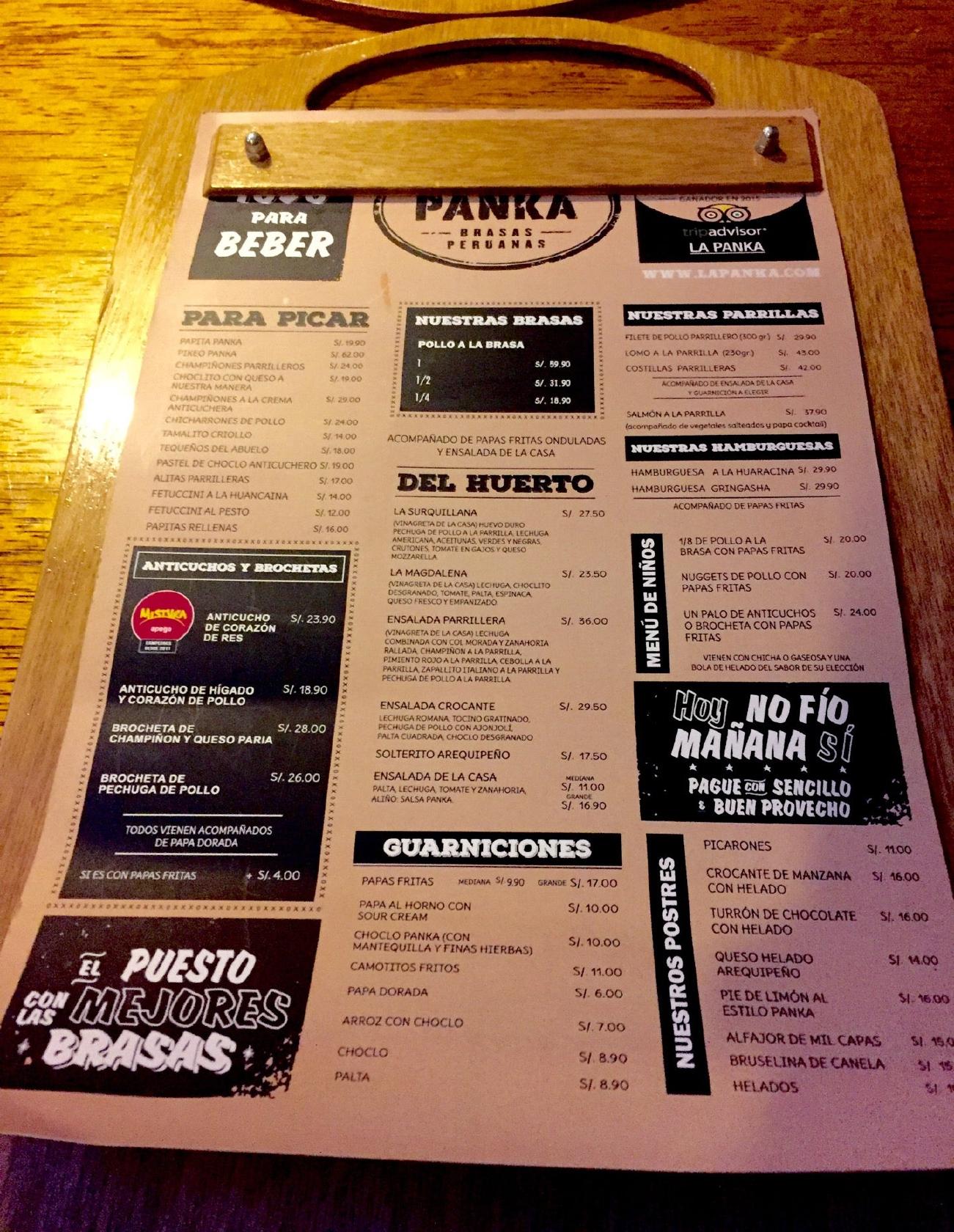 Carta del restaurante LA PANKA, Surquillo, Av. Manuel Villarán 753