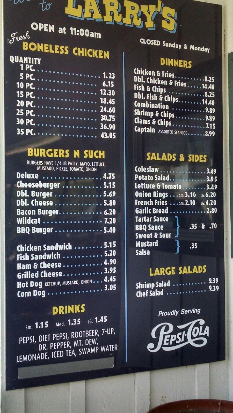 Menu at Larry's Drive In fast food, East Wenatchee