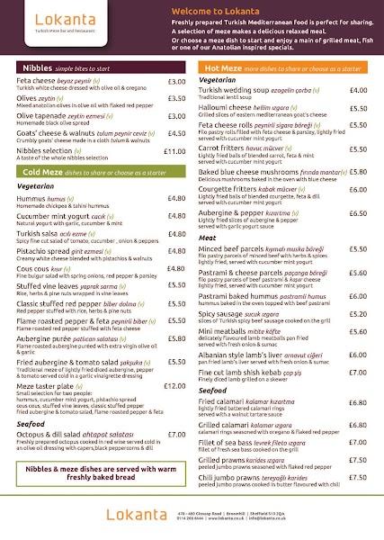 Menu at Lokanta restaurant, Sheffield