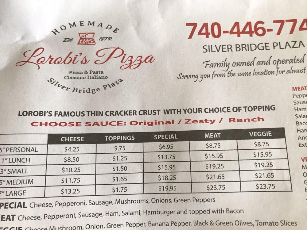 Menu at Lorobi's pizza pizzeria, Gallipolis, 440 Silver Bridge Plaza