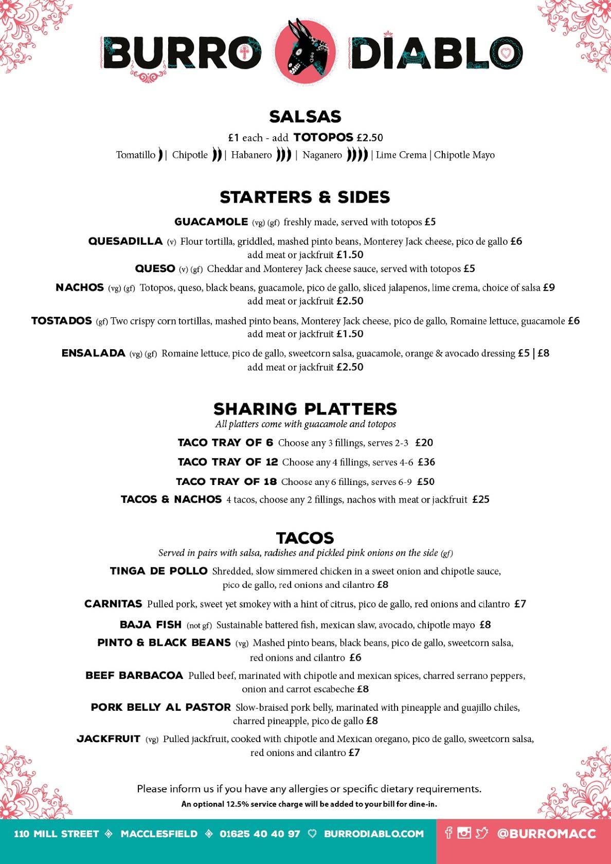 Menu at Burro Diablo restaurant, Macclesfield