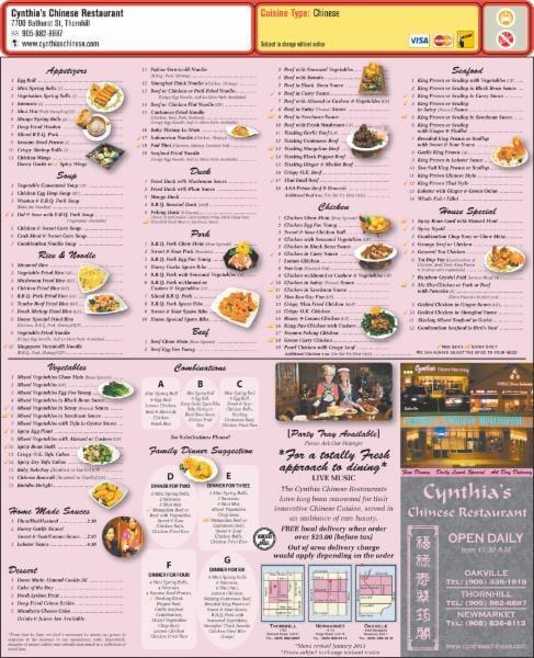Menu at Cynthia's Chinese Restaurant - Thornhill, Richmond Hill ...