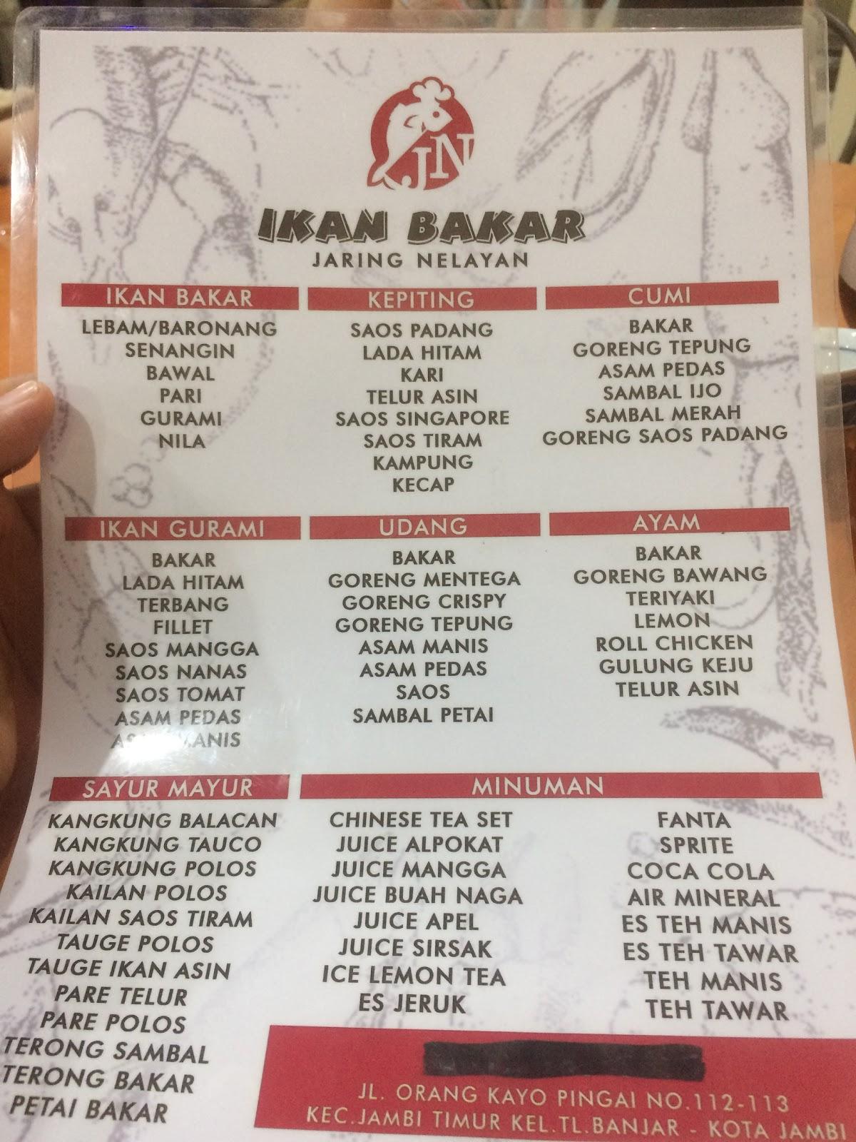 Menu at Ikan Bakar Jaring Nelayan "JN" restaurant, Jambi