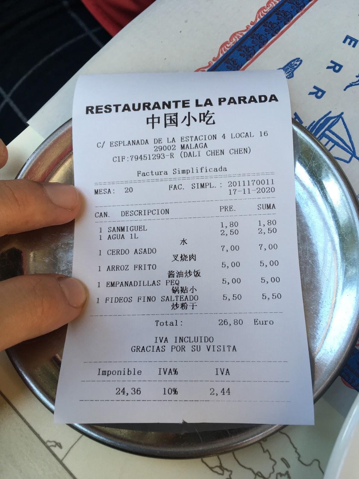 Menu at Restaurante La Parada, Málaga, C. Explanada de la Estación