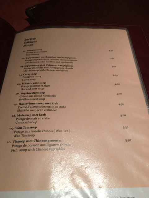Menu at Ocean City, Bruges