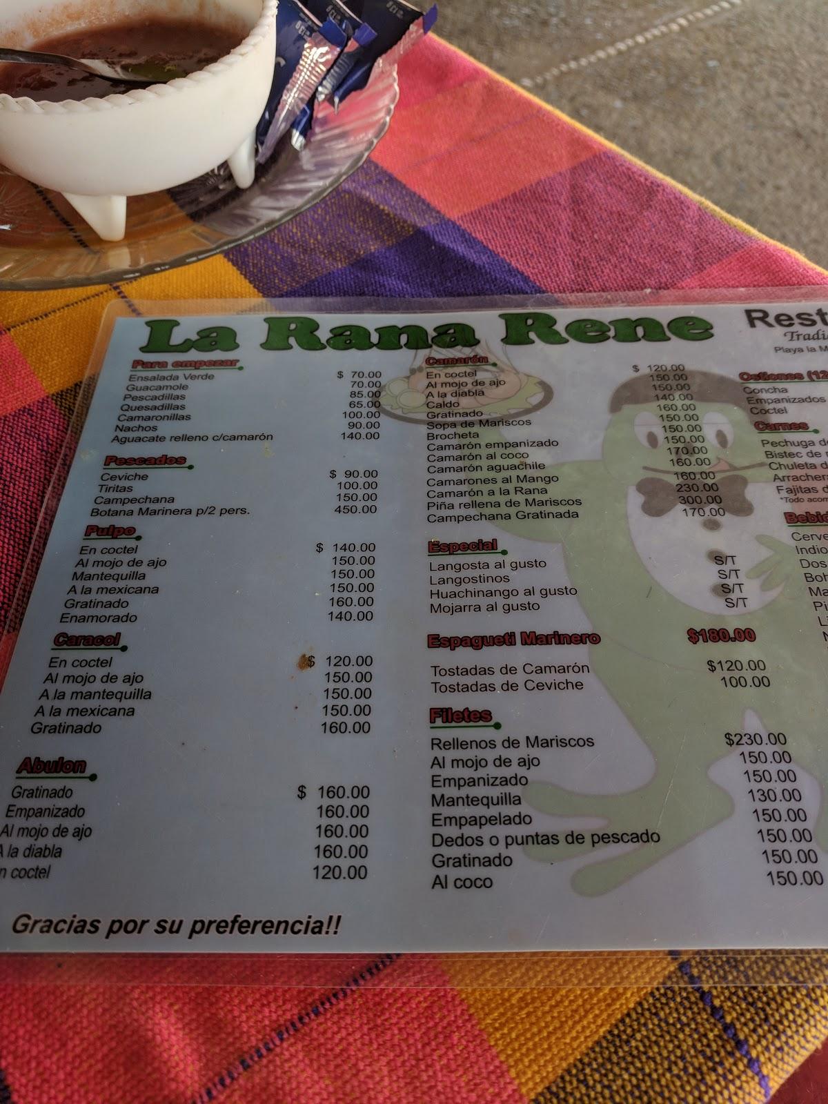 Menu at Restaurante la Rana Rene, Zihuatanejo