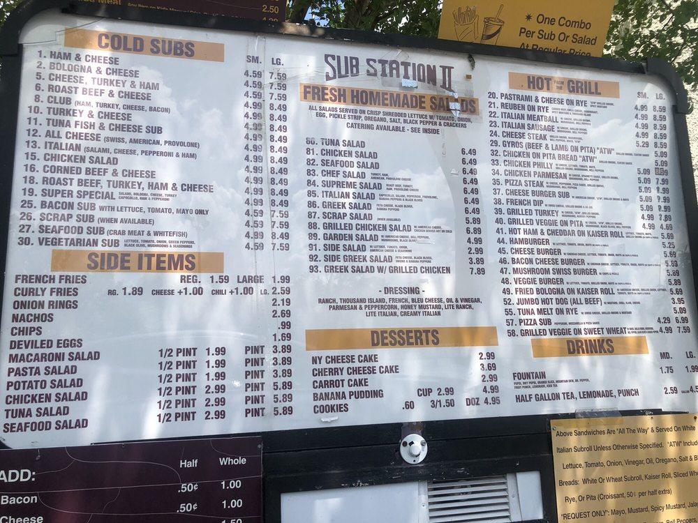 Menu at Sub Station II fast food, Greensboro