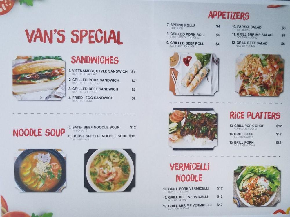 Menu at Van Vietnamese Cuisine restaurant, Hilo