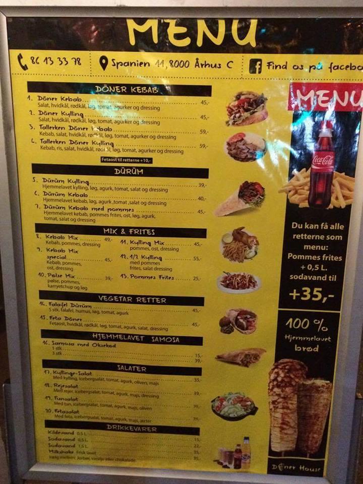Menu at Doner House restaurant, Aarhus
