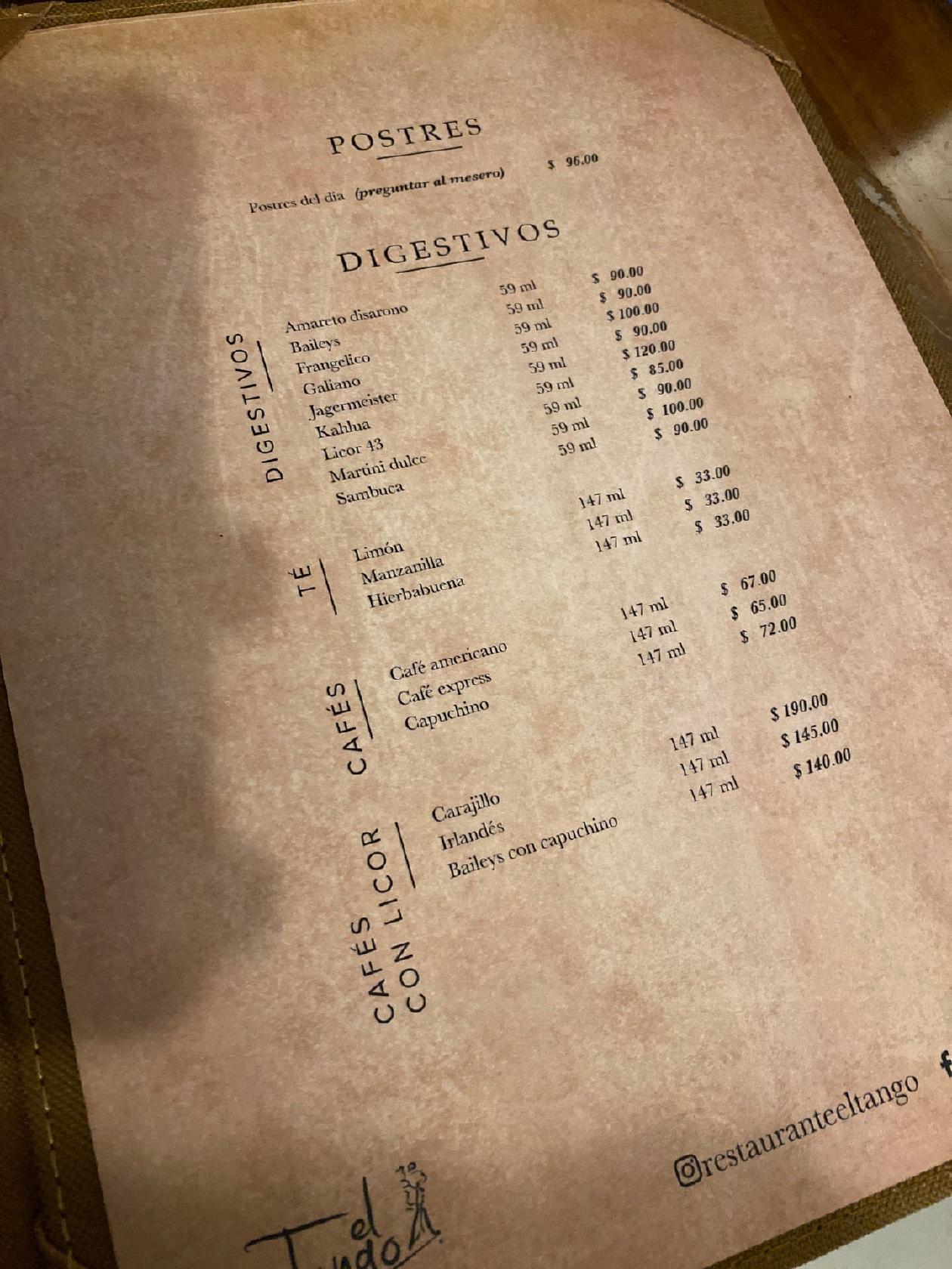 Carta del restaurante El Tango, Zapopan