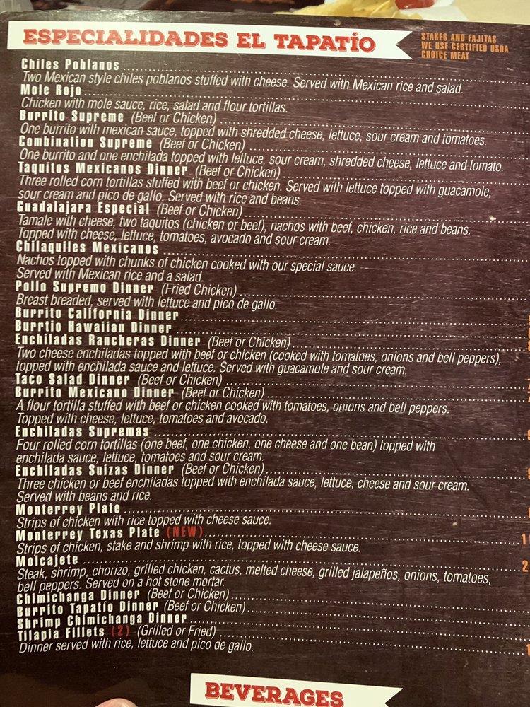 Menu at El Tapatio Mexican Restaurant, Rainbow City