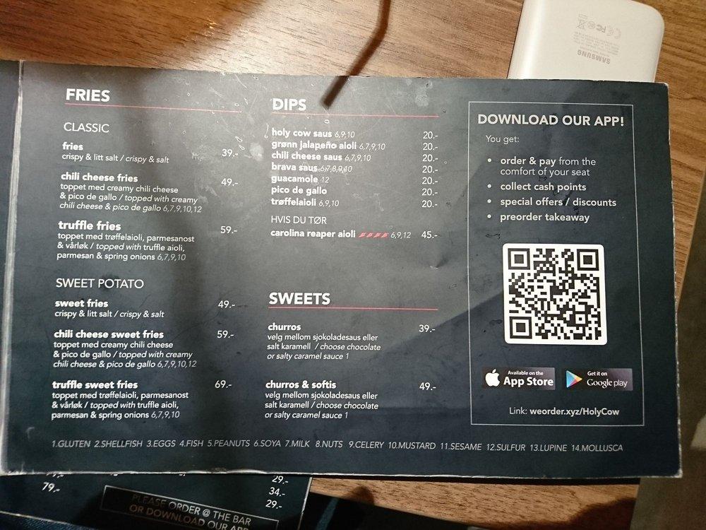 Menu at Holy Cow restaurant, Bergen