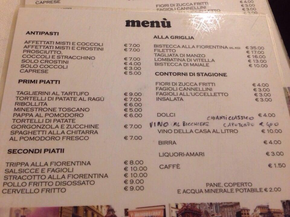 Menu at I’Brindellone restaurant, Florence