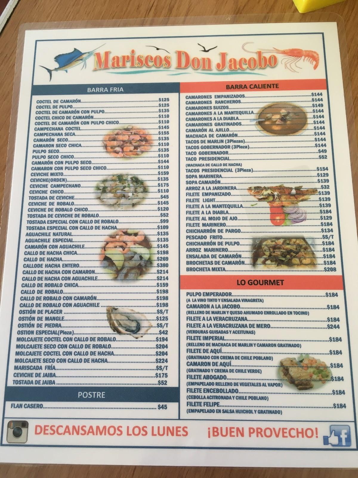 Carta del restaurante Mariscos Don Jacobo, Culiacán Rosales