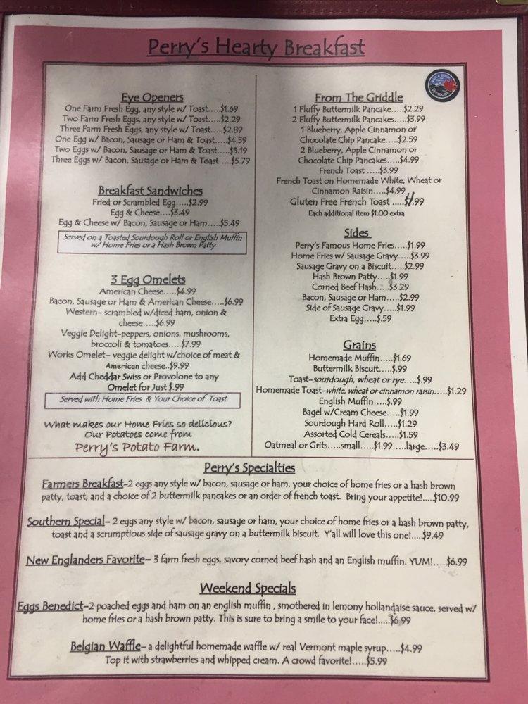 Menu at Perry’s Main Street Eatery restaurant, Poultney