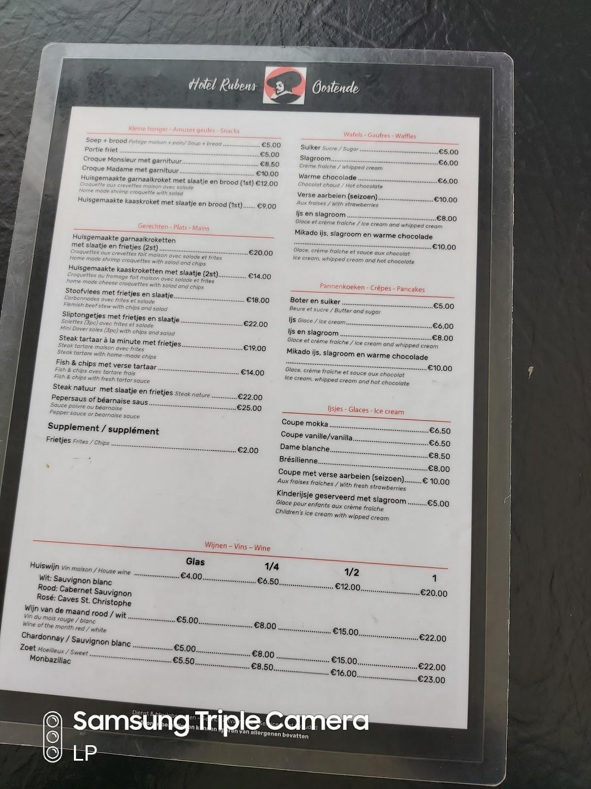 Menu at Cafe Rubens, Ostend