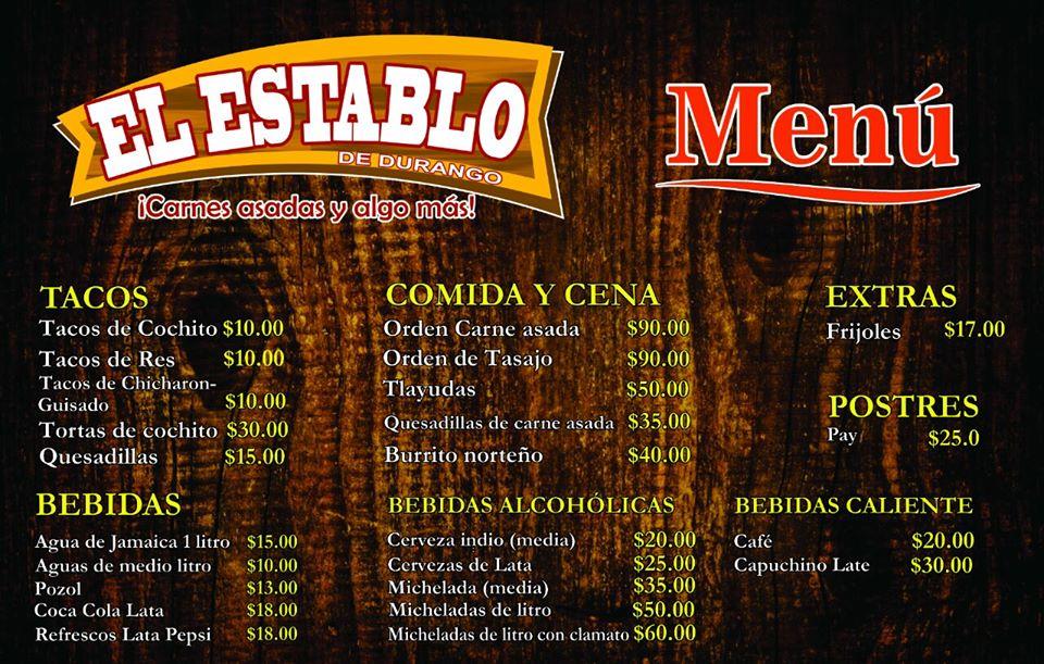 Carta del restaurante El establo del Durango, Tuxtla Gutiérrez