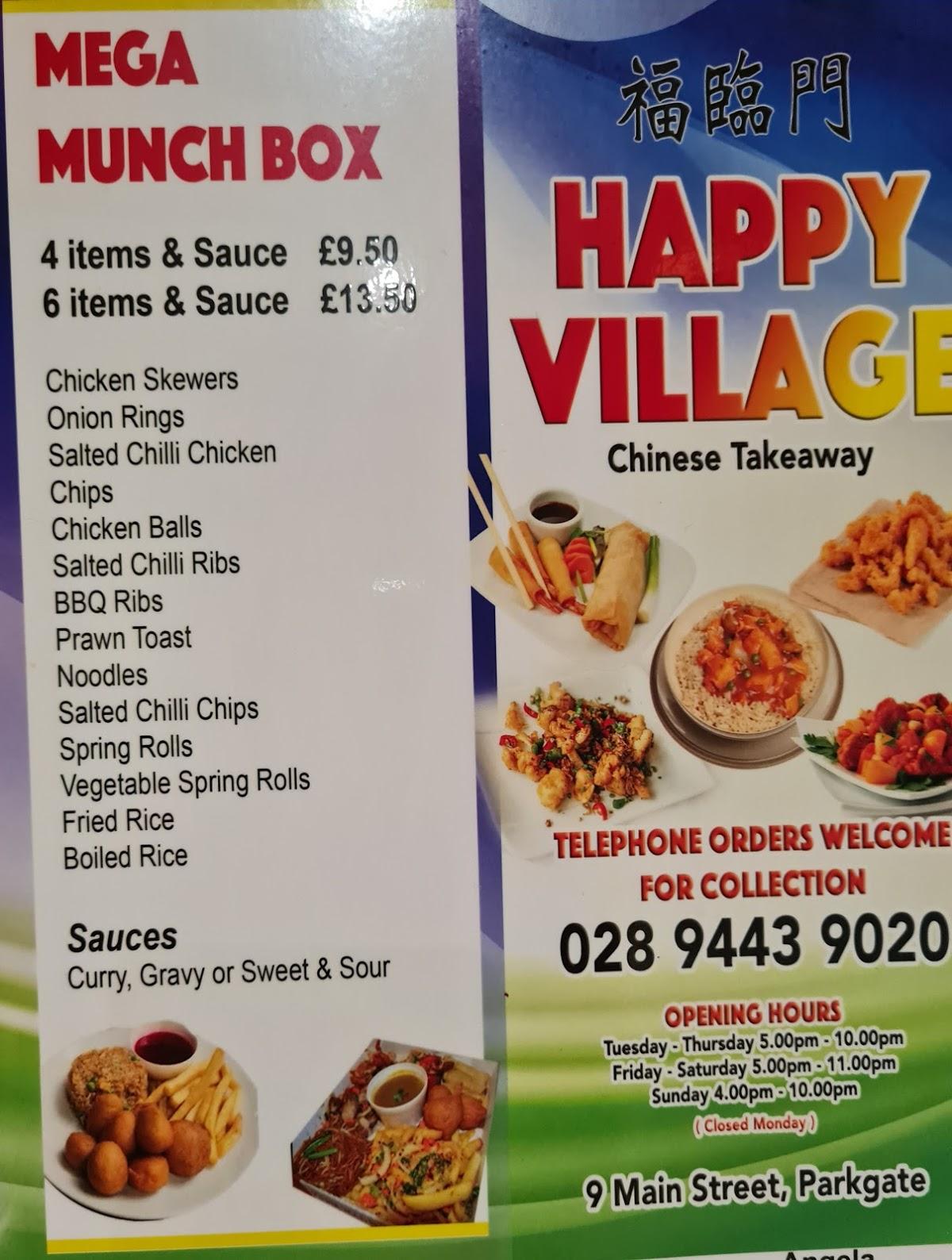 Menu at Happy Village fast food, England, 9 Main St
