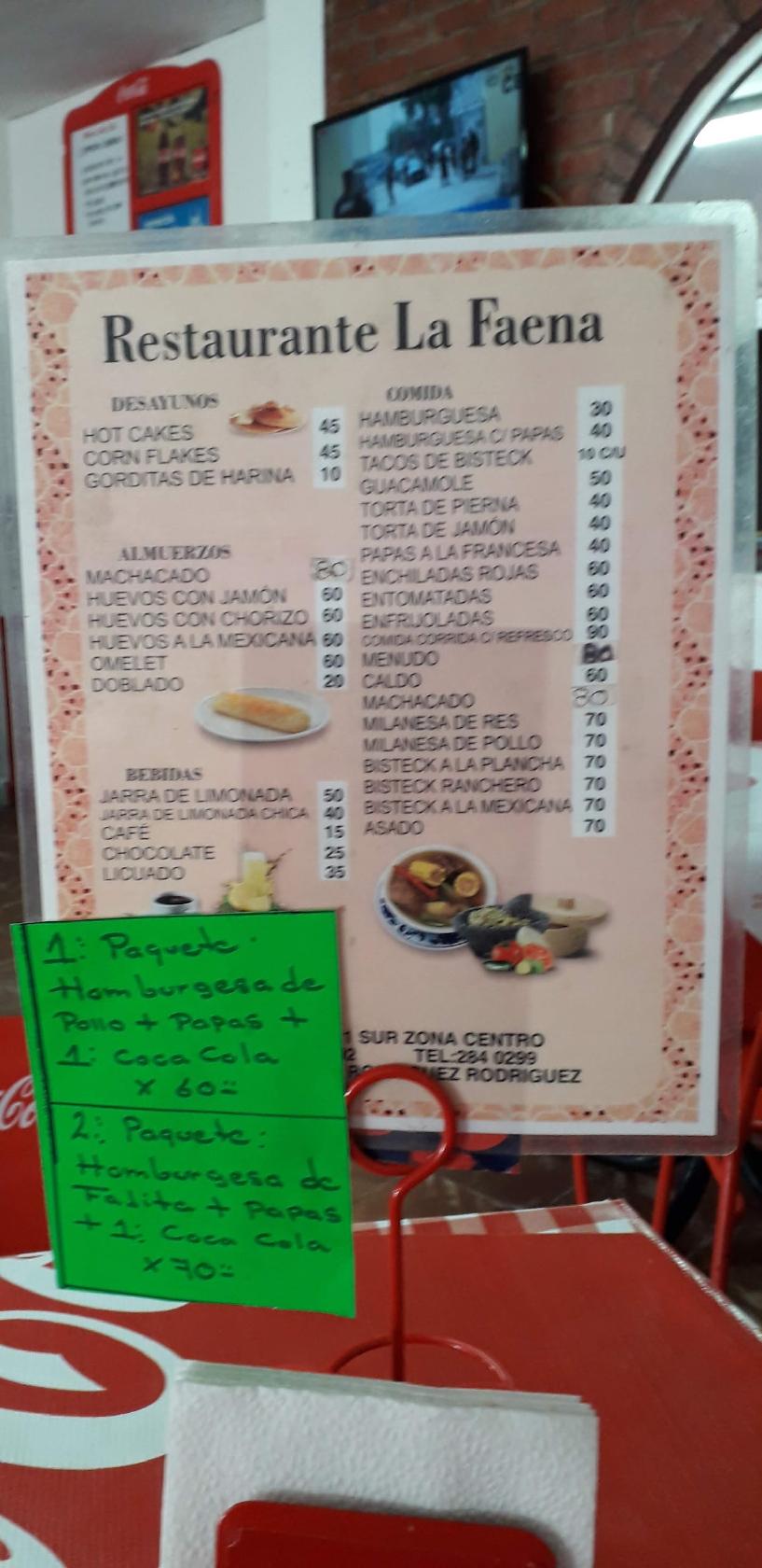 Menu at Restaurant La Faena, Cadereyta Jiménez