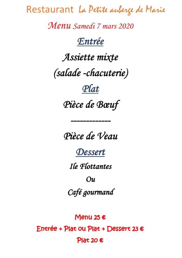 Menu at La Petite Auberge de Marie restaurant, Vinça