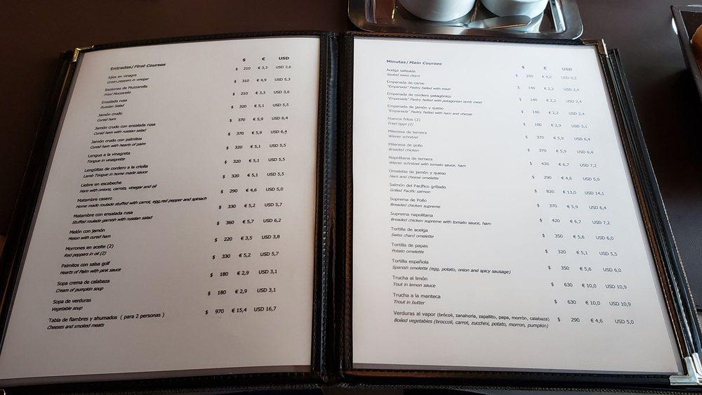 Menu at La Tablita steakhouse, El Calafate