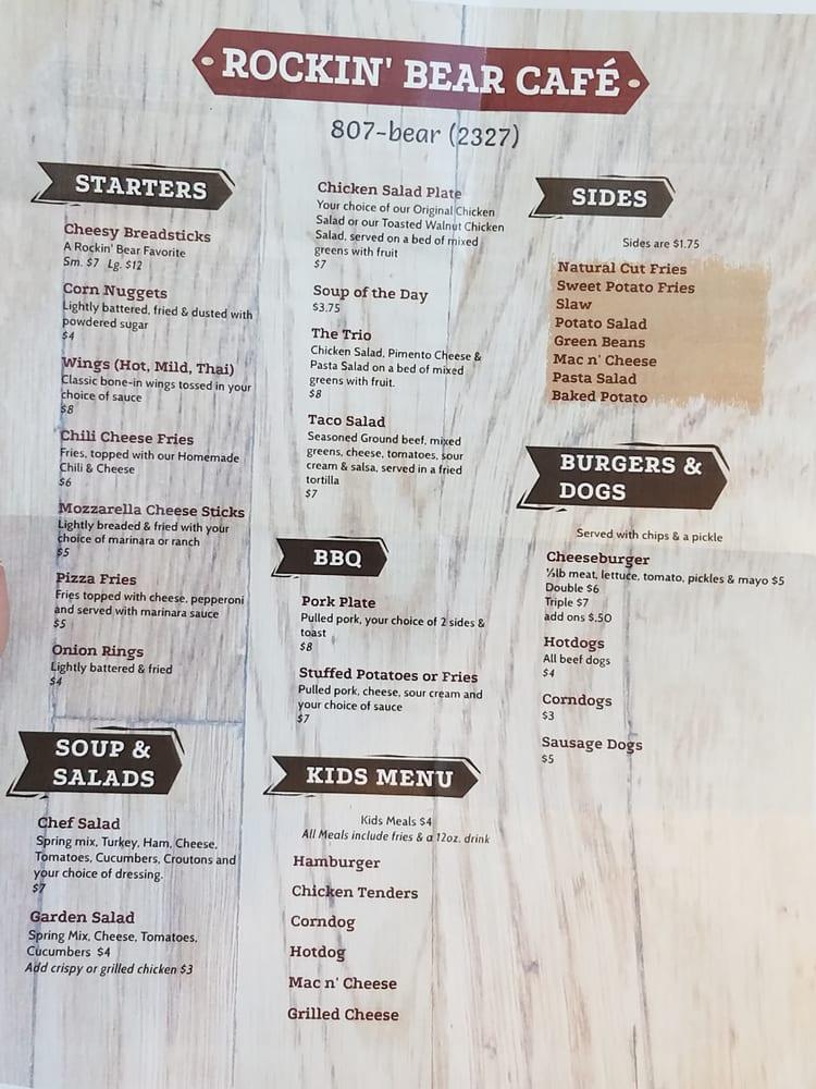 Menu at Rockin Bear Cafe, Blackshear