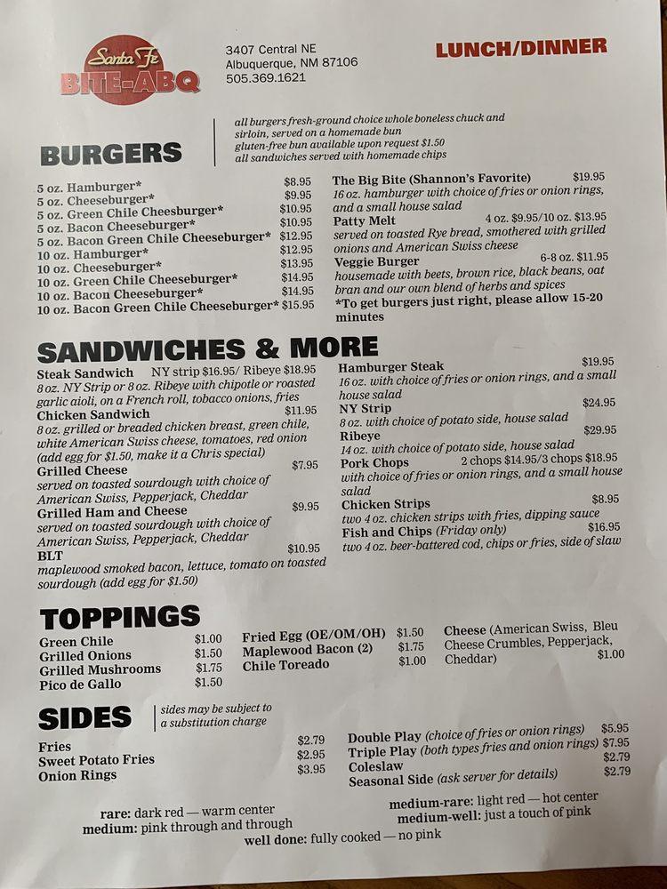 Menu at ABQ BITE restaurant, Albuquerque