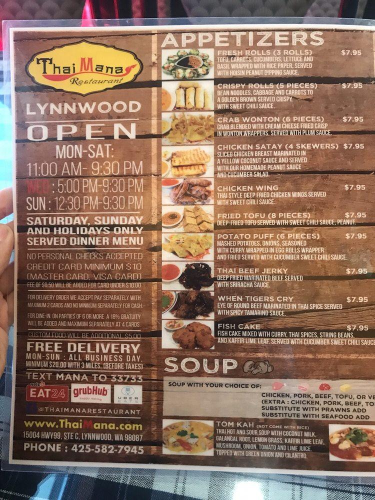 Menu at Thai Mana Restaurant in Lynnwood, Lynnwood