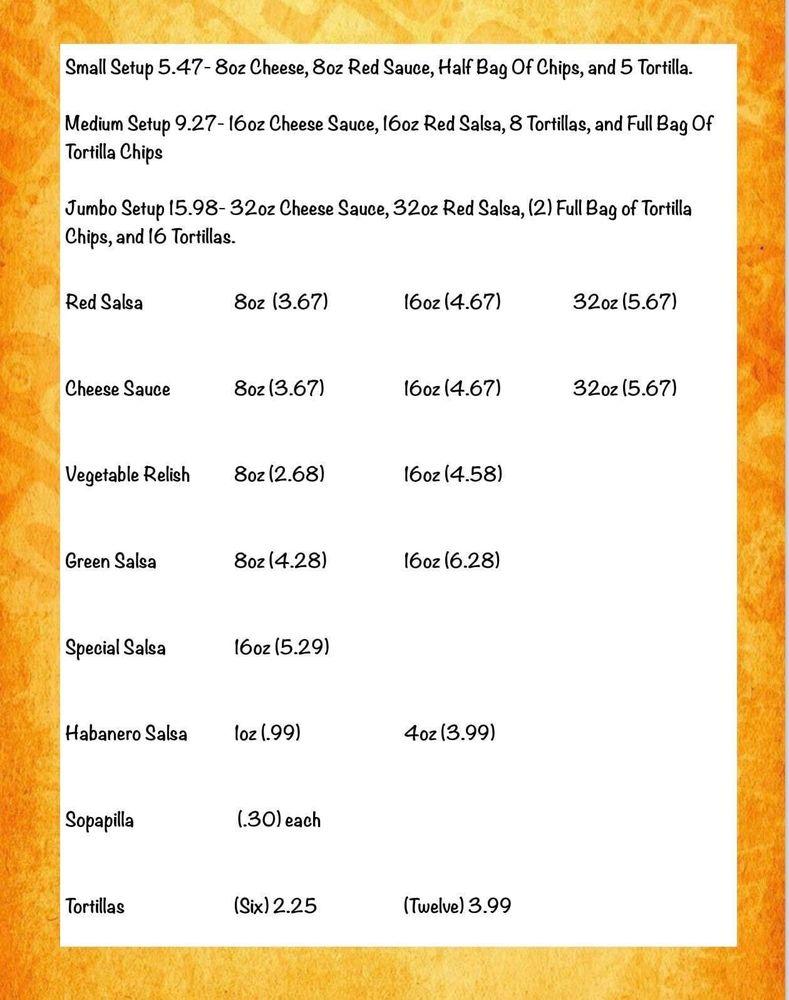 Menu at Toledo's Méxican Grill restaurant, Mustang
