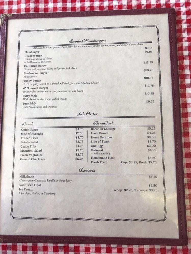 Menu at Tubby's restaurant, Rohnert Park